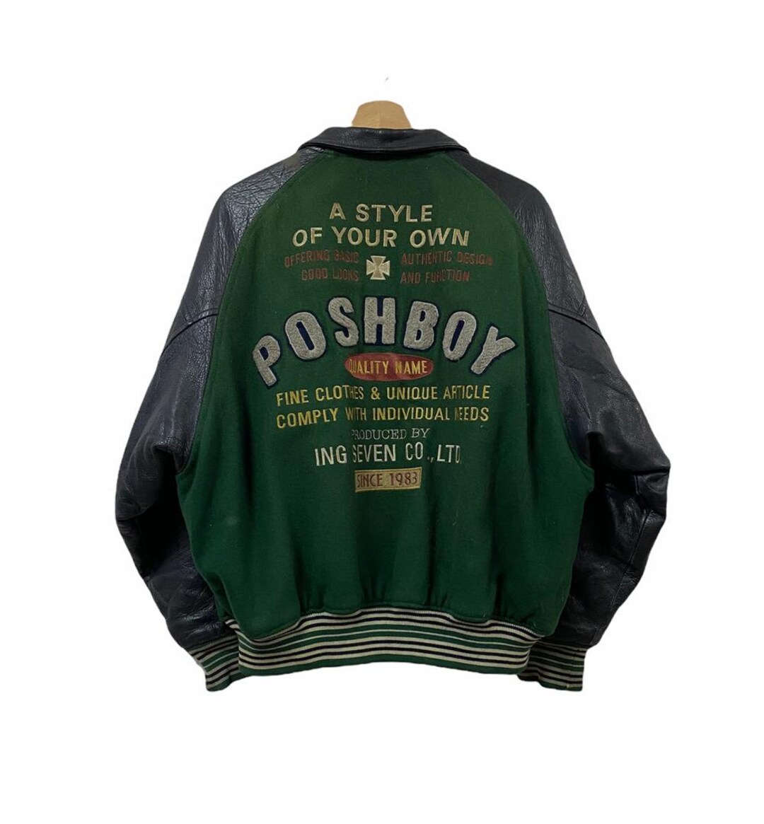 Vintage 80's Poshboy Embossed Embroidery Logo Varsity Leather Sleeve Hip Hop Jacket Golden Bear ...