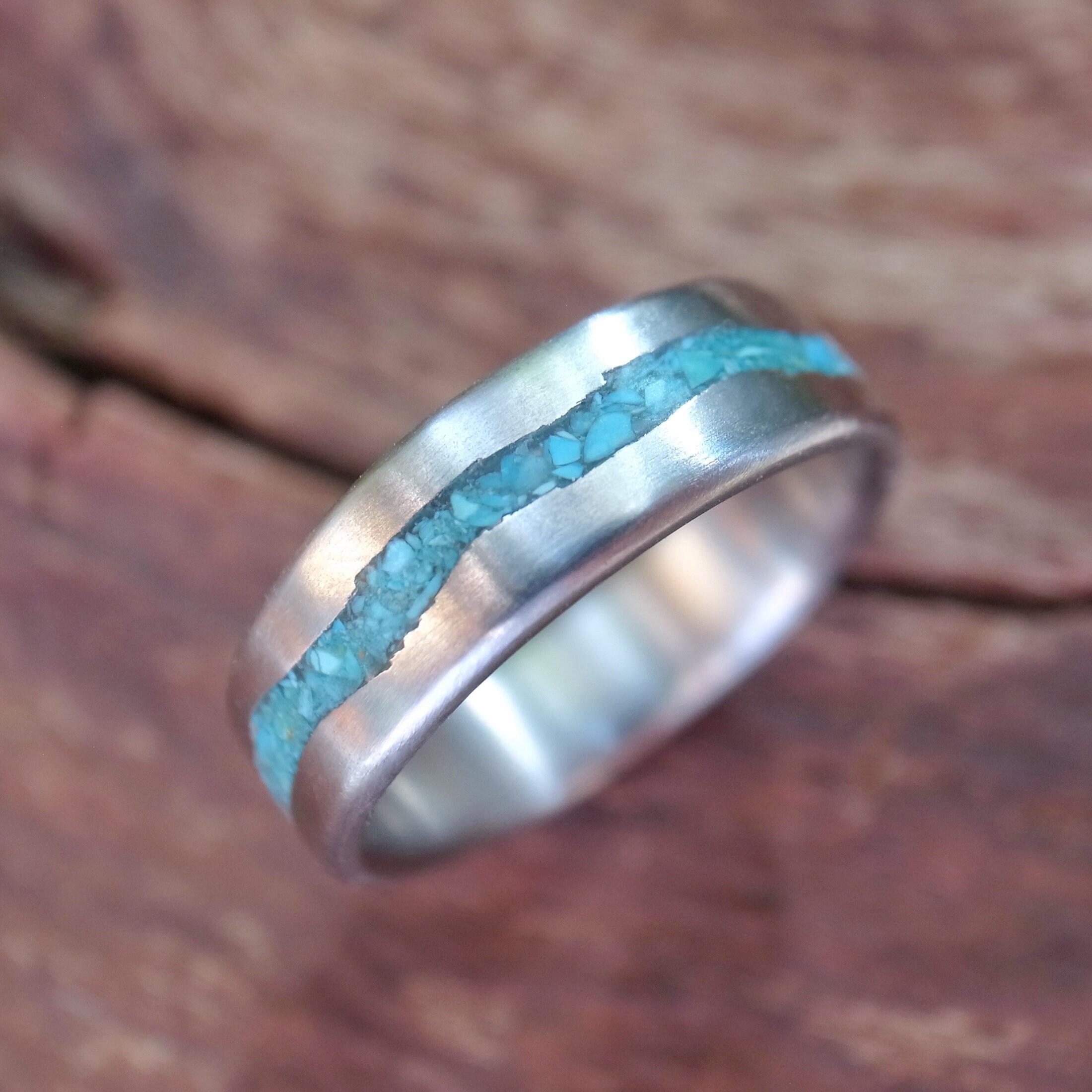 Turquoise Inlay Titanium Ring, Nature Turquoise Inlay Stream Band, 5mm ...
