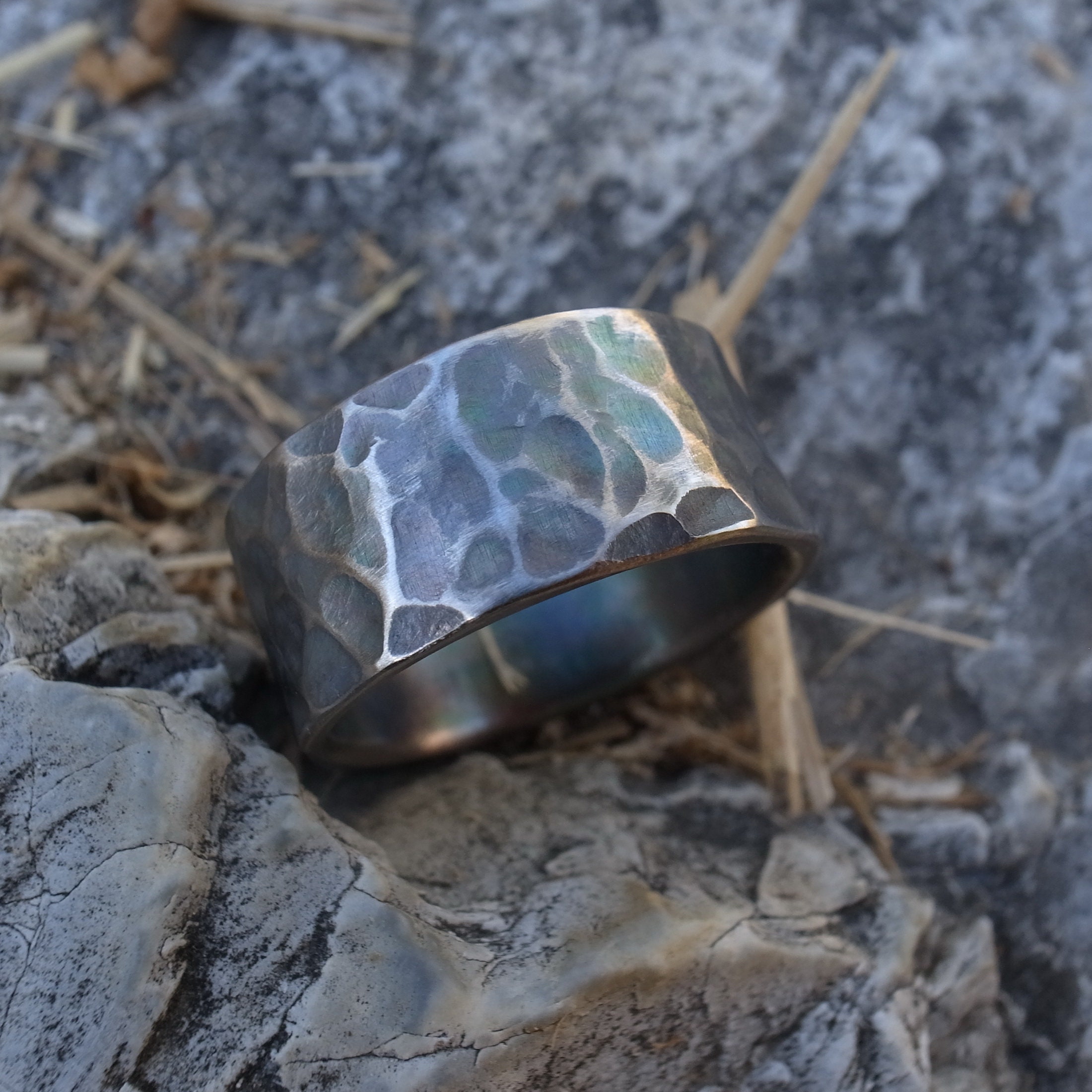 Hammered Mens Wedding Scar Band, Rustic Titanium Scar Ring, Handmade ...