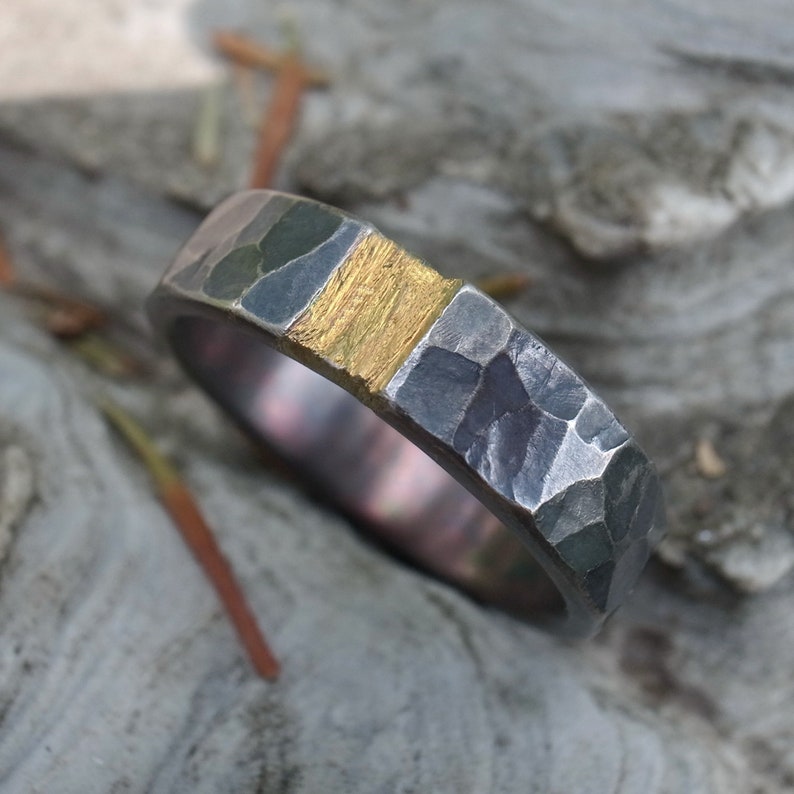 Hammered Mens Wedding Band, Rustic Titanium Ring, Dark Gray, Handmade ...