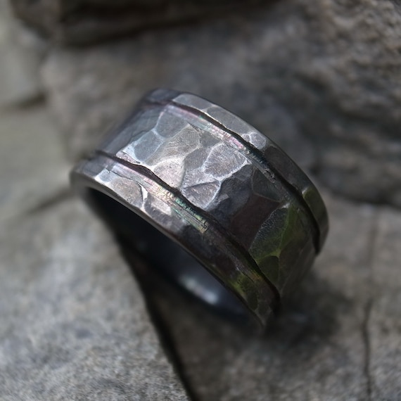 Hammered Mens Wedding Band Rustic Titanium Ring Double Line - Etsy