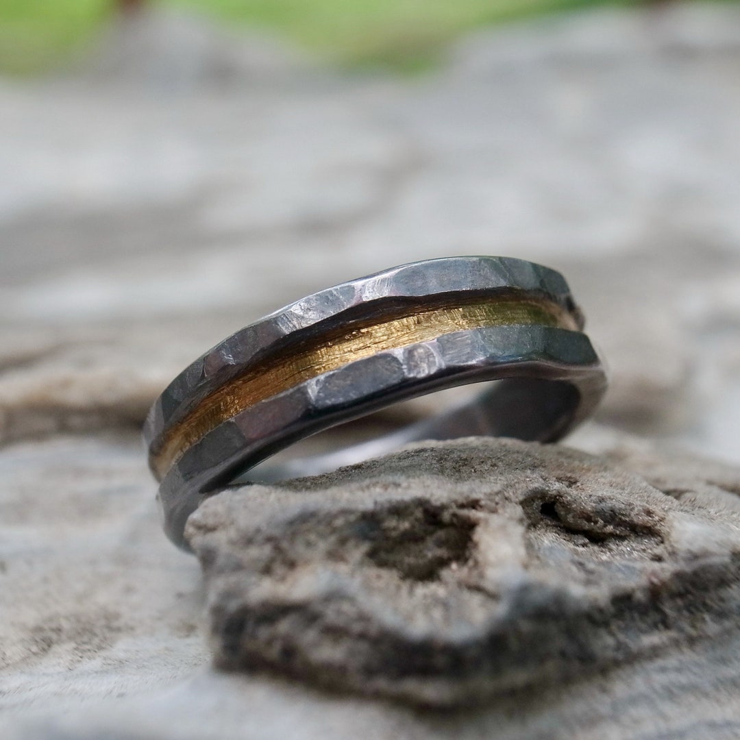Hammered Mens Wedding Band, Rustic Titanium Ring, Dark Gray, Handmade ...