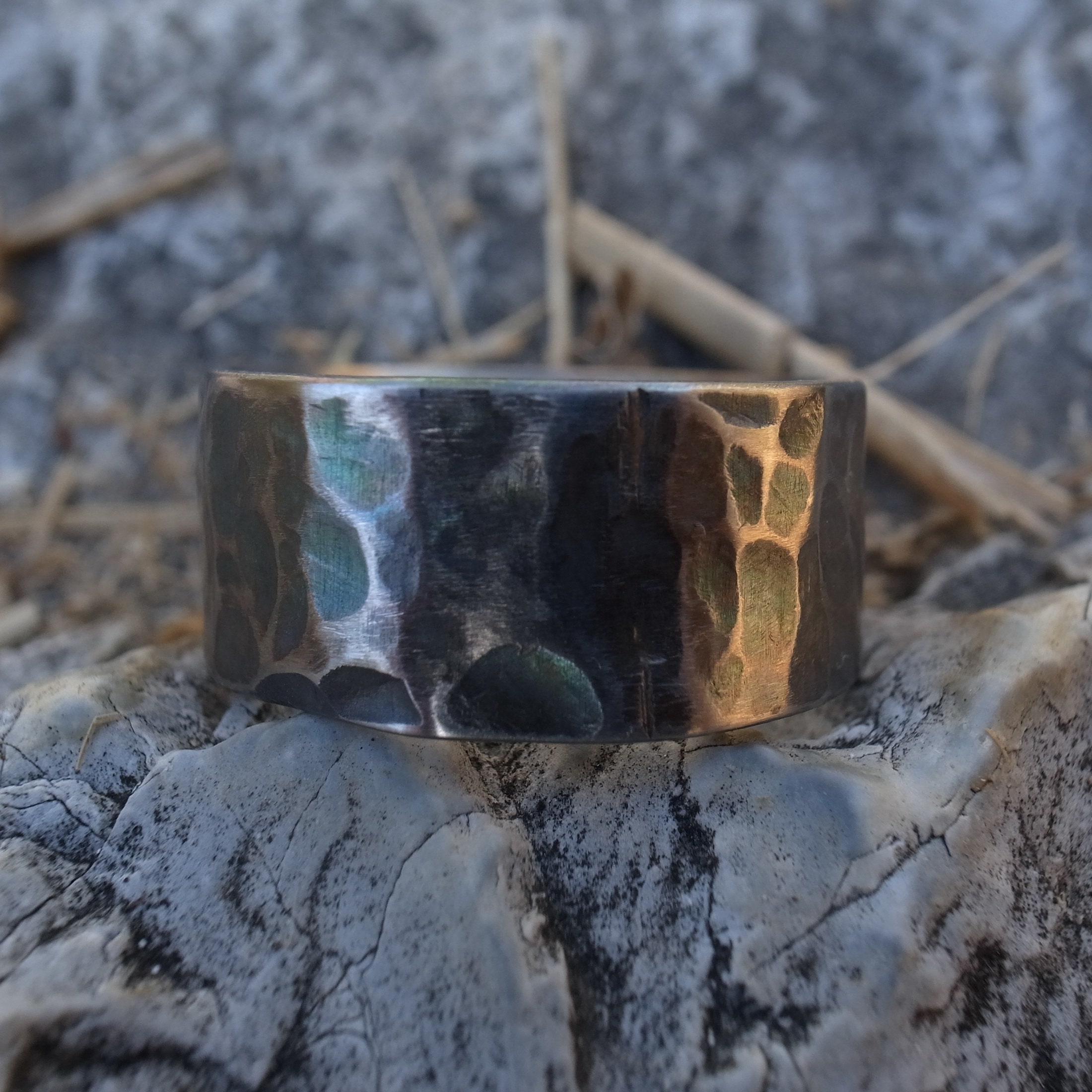 Hammered Mens Wedding Scar Band, Rustic Titanium Scar Ring, Handmade ...