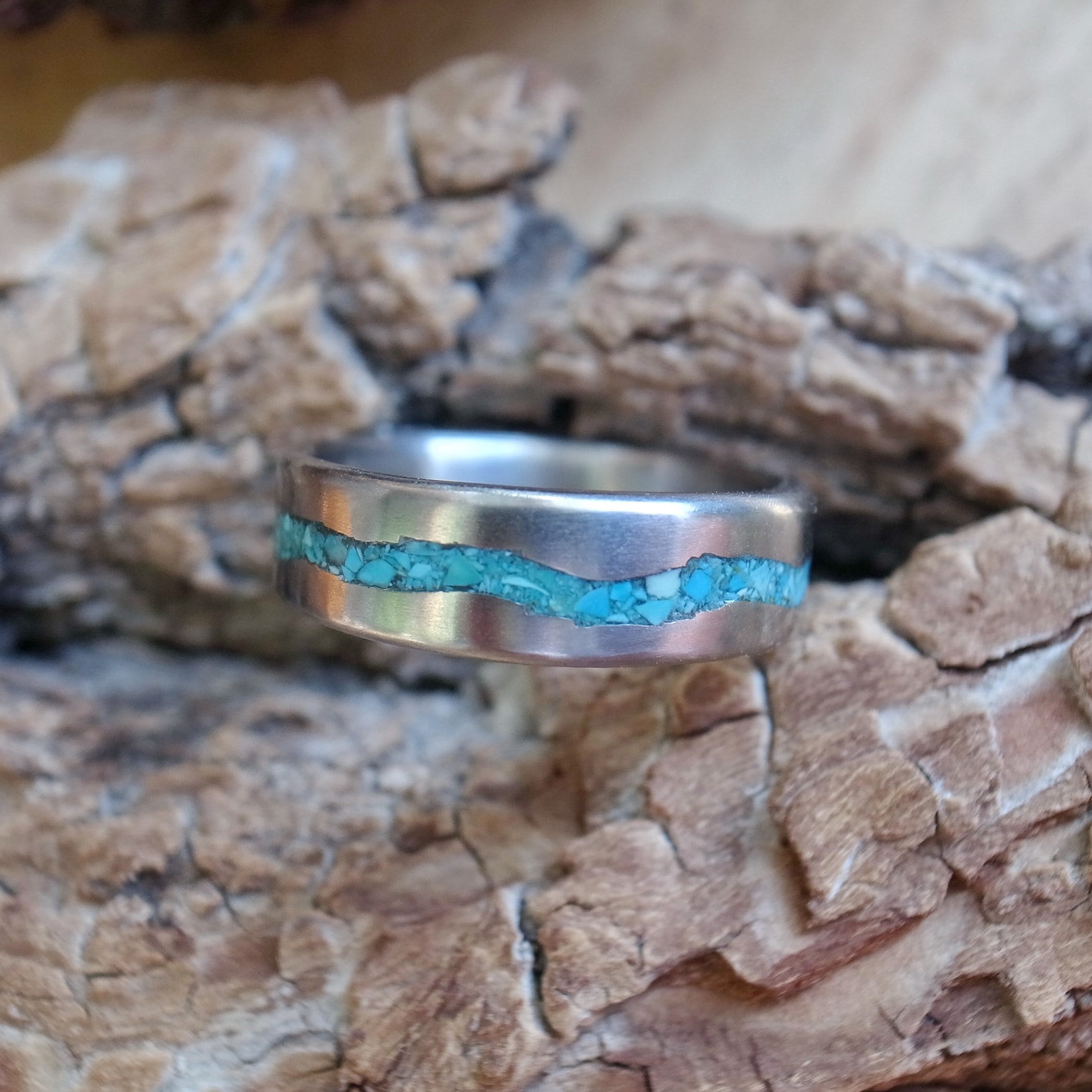Turquoise Inlay Titanium Ring, Nature Turquoise Inlay Stream Band, 5mm ...