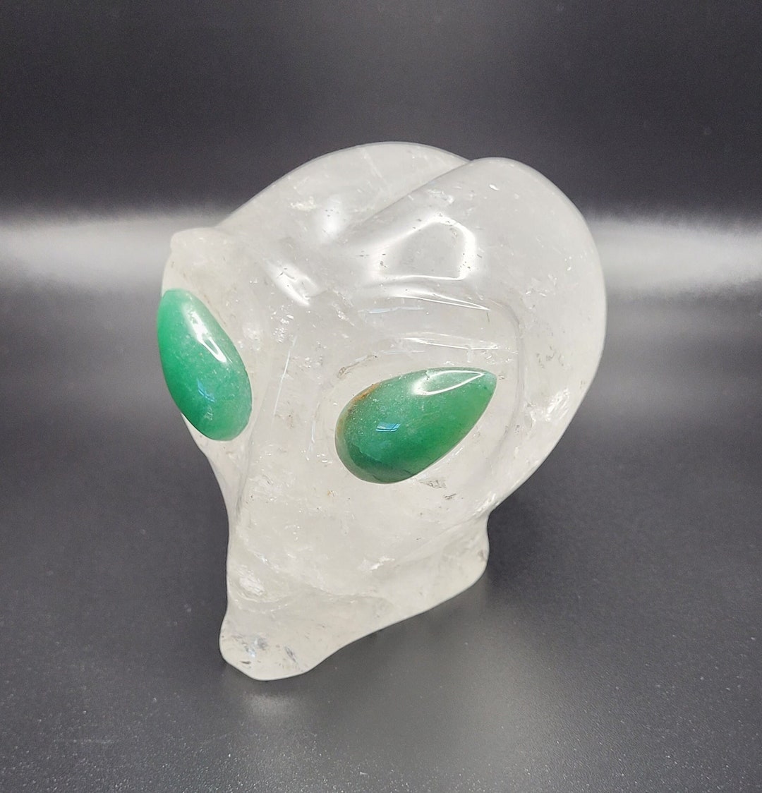 Clear Quartz Crystal Alien Skull Carving With Green Aventurine Eyes 1.0 ...