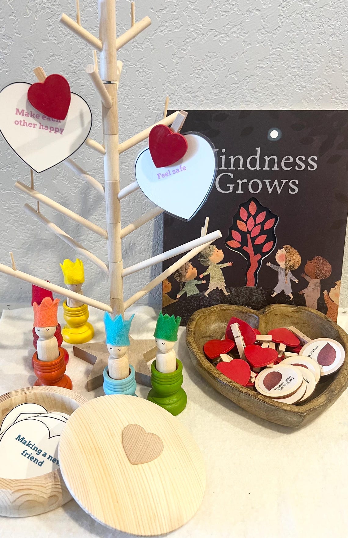 Kindness Grows Book Activity Kit: Wooden Tree, Peg Dolls, Heart Cards ...