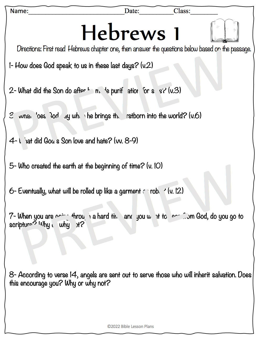 Hebrews Chapters 1-6 Reading Comprehension Educational Printable - Etsy