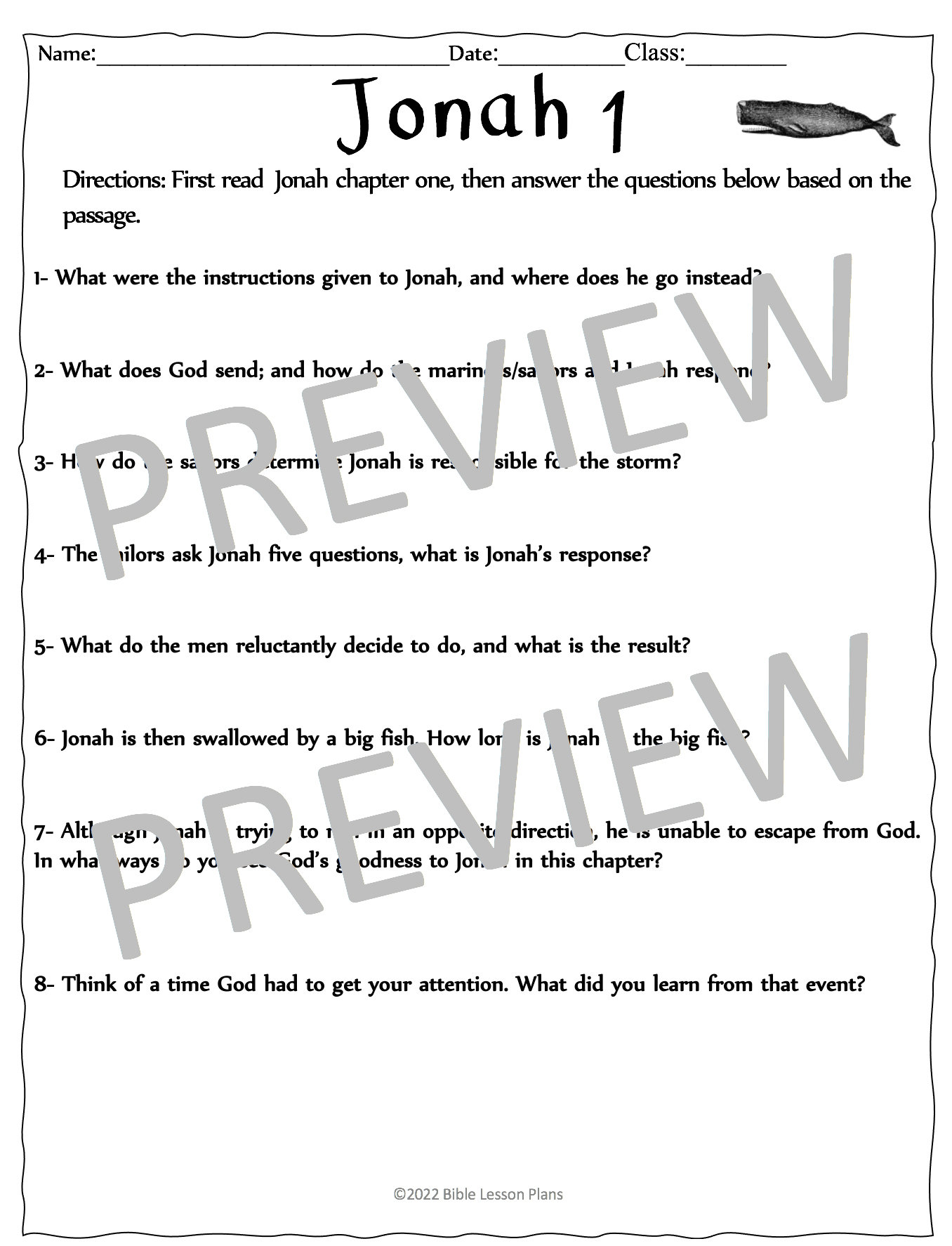Book of Jonah Comprehension Questions, Educational Prints, Jonah Bible ...