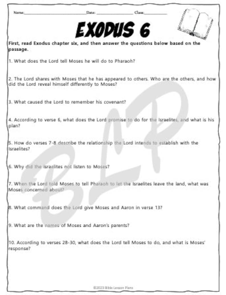 Exodus Chapters 6-10 Comprehension Questions: Bible Study Guide ...