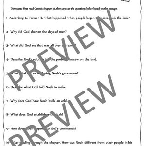 Genesis Bible Study: Noah's Ark, Comprehension Questions (chapters 6-10 ...