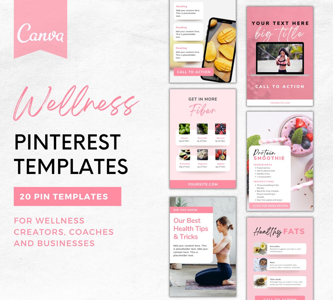 Wellness Pinterest Templates Canva, Pink Pinterest Pins, Health ...