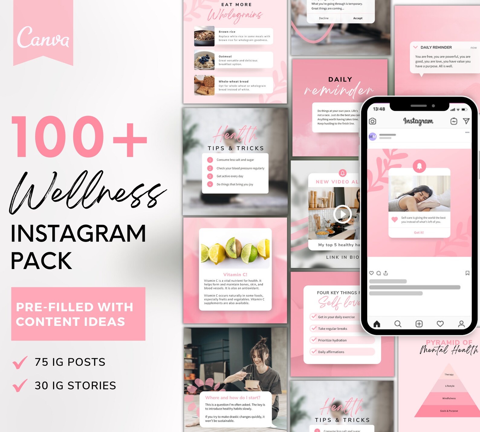 Wellness Instagram Templates Pack | Health Instagram Engagement ...