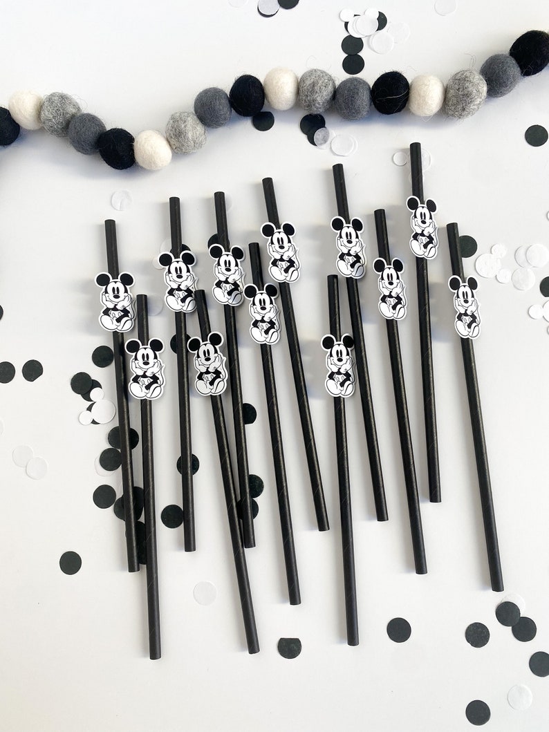 12 Modern Mickey Mouse Paper Straws| Black and White Mickey Mouse Theme ...