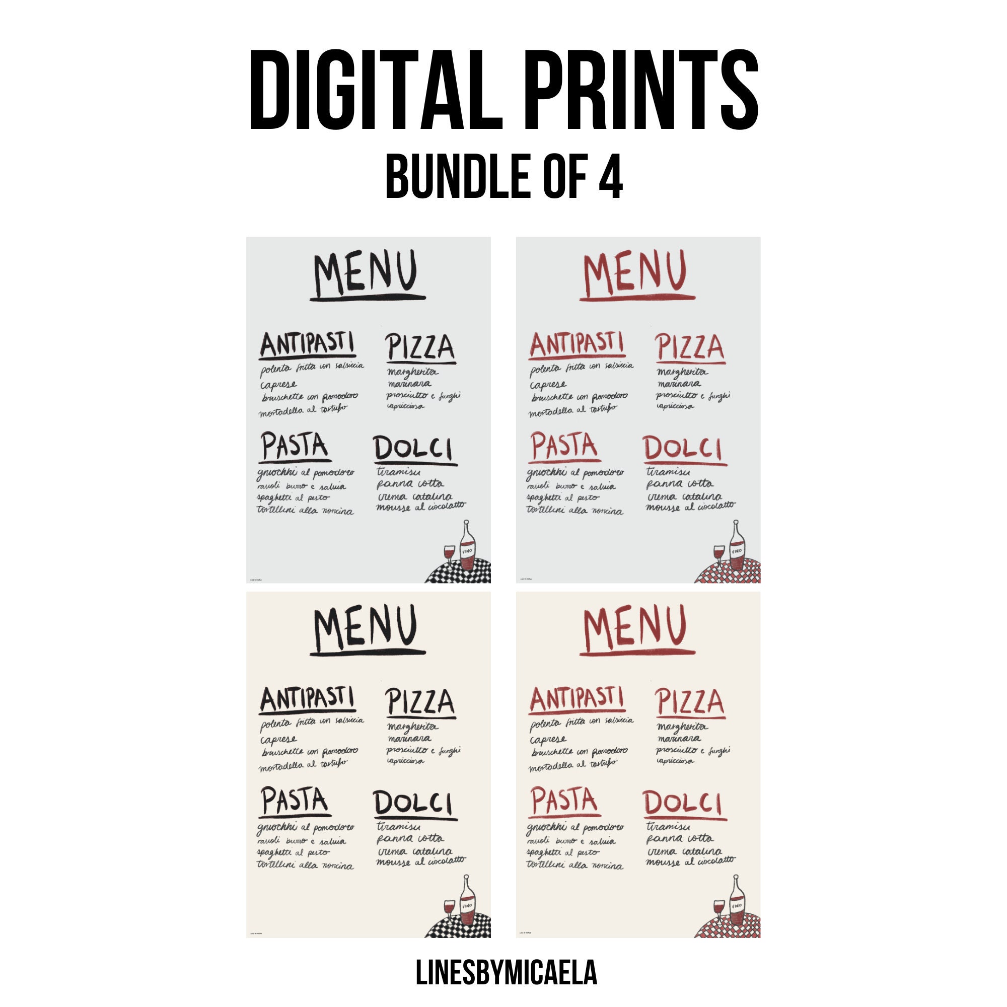 Italian Menu Illustration X4 Colours Wall Art Printable Art Aesthetic ...