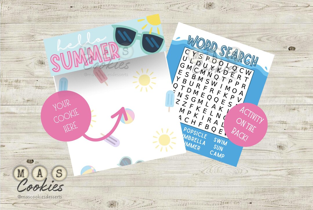 Printable Cookie Card & Topper - Hello Summer Word Search - NEW - Etsy