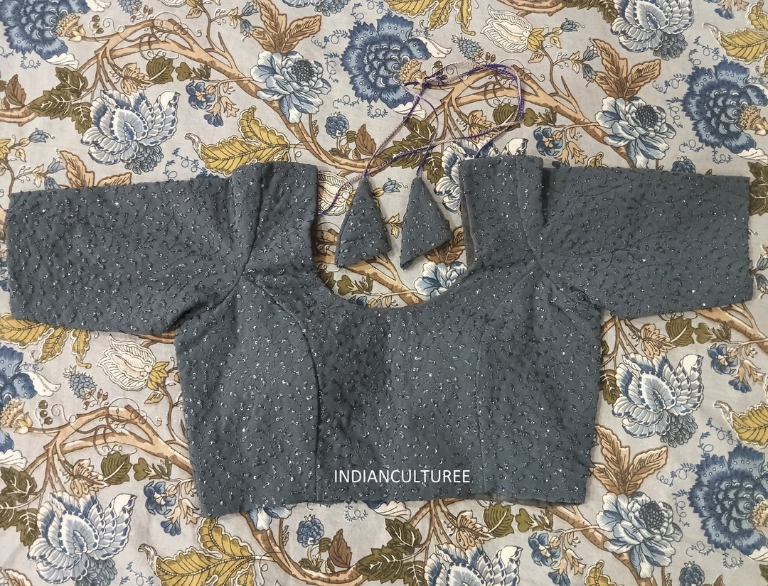 Beautiful Grey Color Round Neck Blouse With Elbow Sleeves, Sitara Work ...