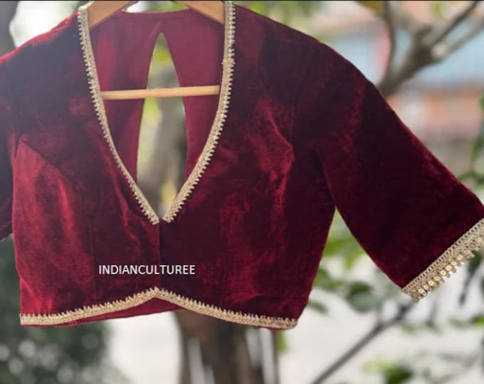 Made to Order Beautiful Designer V Neck Velvet Blouse With Elbow ...