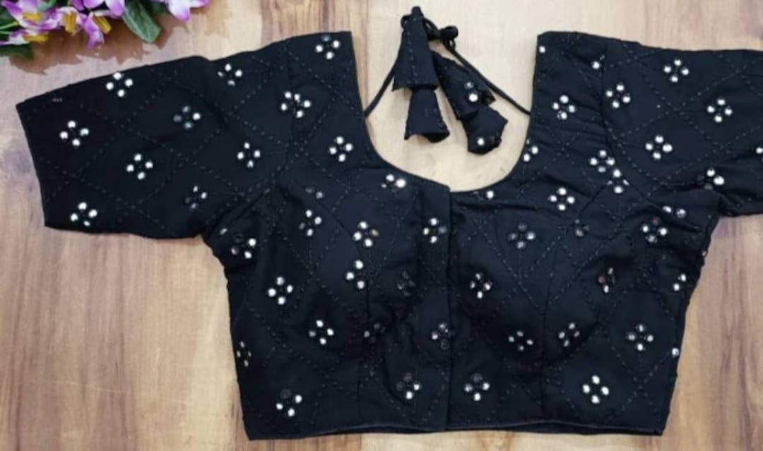 Made to Order Beautiful Black Mirror Work Blouse in Round Neck and ...