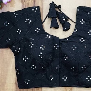 Made to Order Beautiful Black Mirror Work Blouse in Round Neck and ...