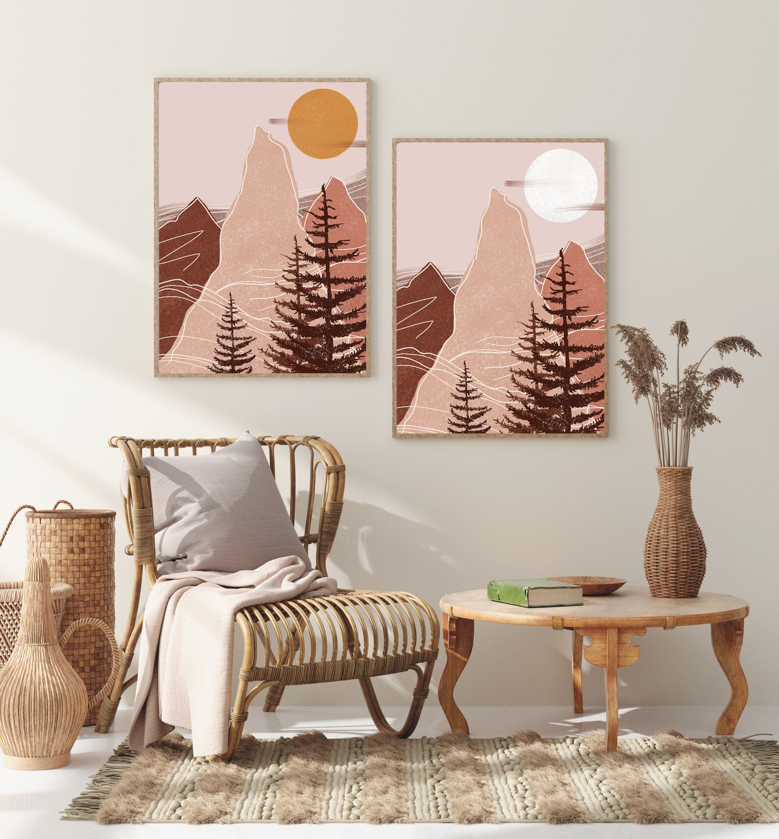 Bohemian Desert Sun and Moon Mountain Print, Print Set of 2, Mid ...