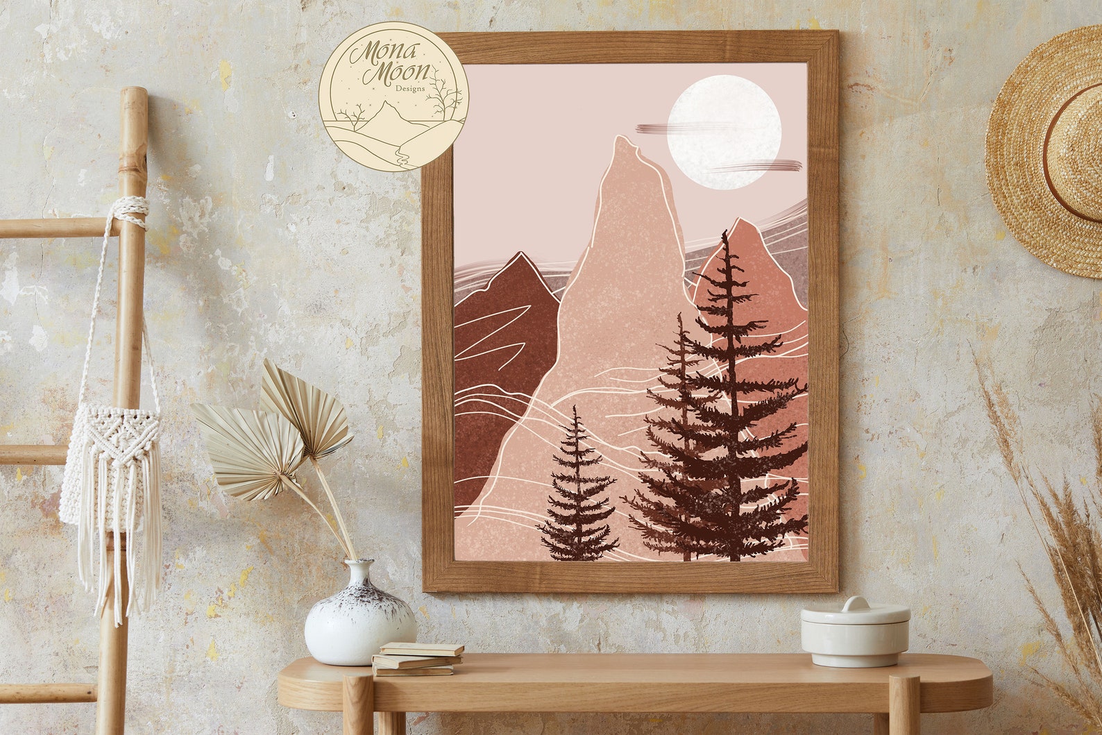 Bohemian Desert Sun and Moon Mountain Print, Print Set of 2, Mid ...