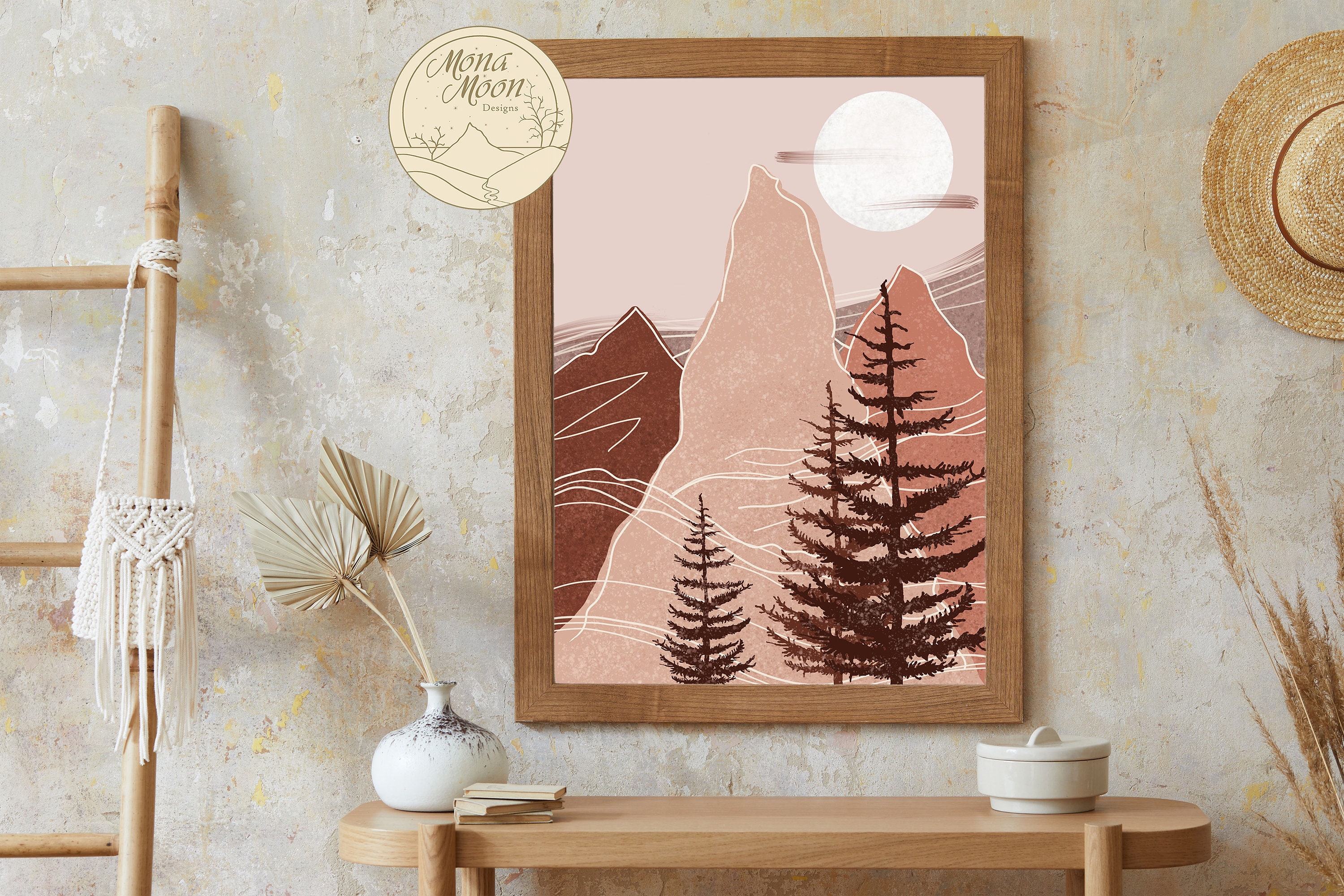 Bohemian Desert Sun and Moon Mountain Print, Print Set of 2, Mid ...