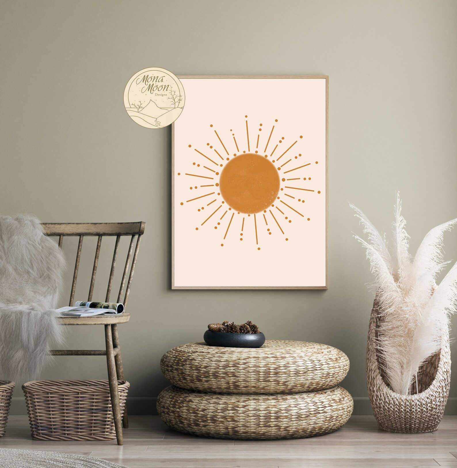 Boho Sun Print, Sunrise Wall Art, Yellow Sun Poster, Boho Art Print ...