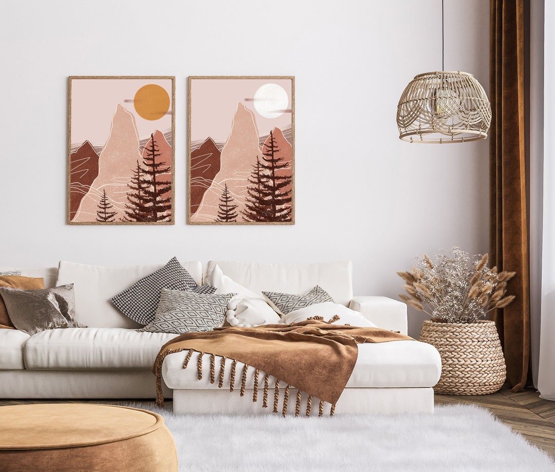 Bohemian Desert Sun and Moon Mountain Print, Print Set of 2, Mid ...