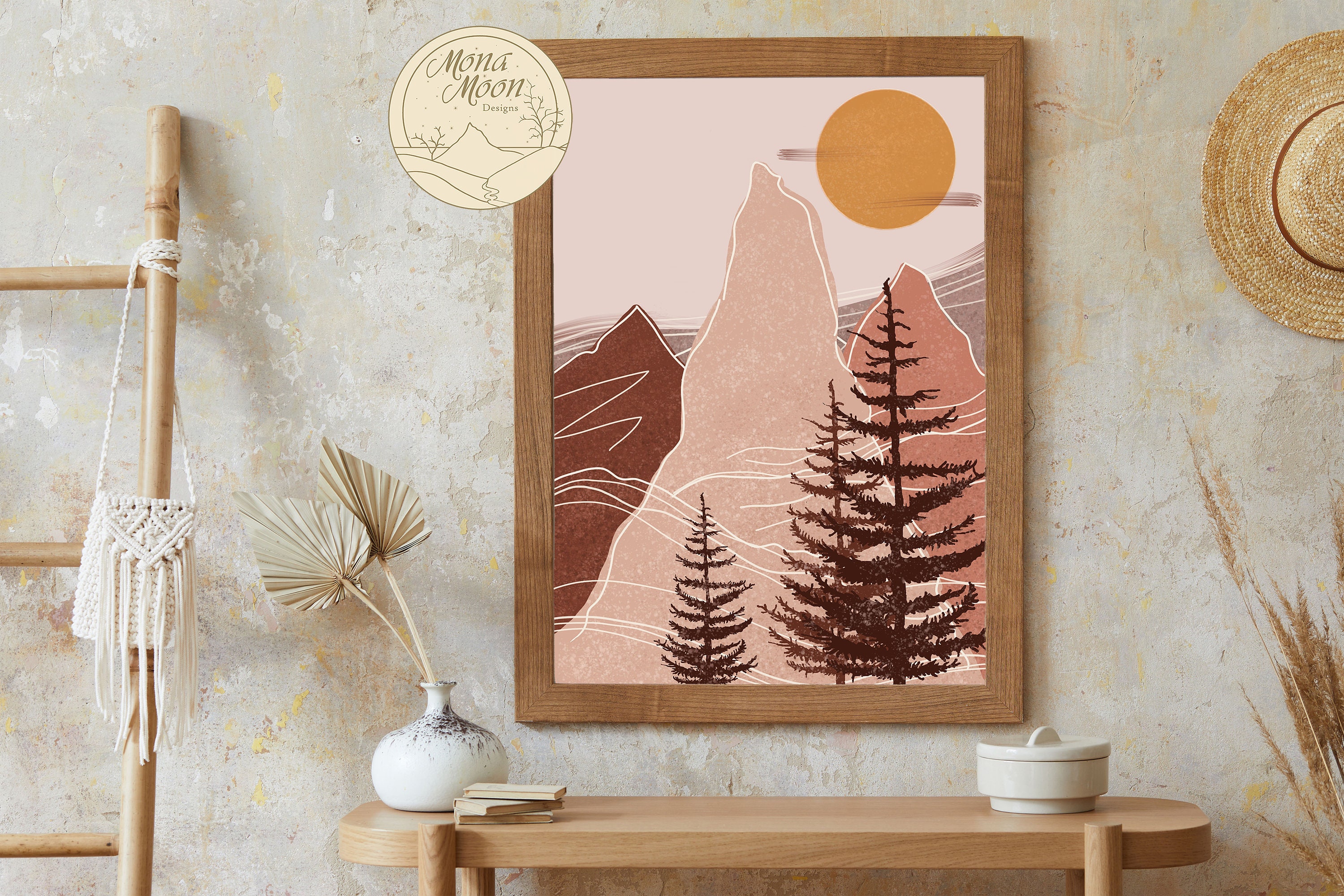 Bohemian Desert Sun and Moon Mountain Print, Print Set of 2, Mid ...