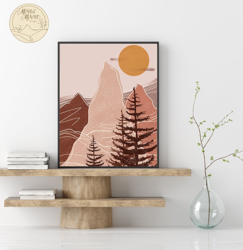 Bohemian Desert Sun and Moon Mountain Print, Print Set of 2, Mid ...