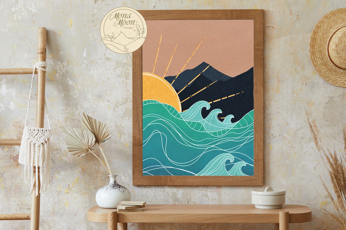 Sunset in Sea Wall Art, Boho Wall Art, Sea Print, Mid Century Modern ...
