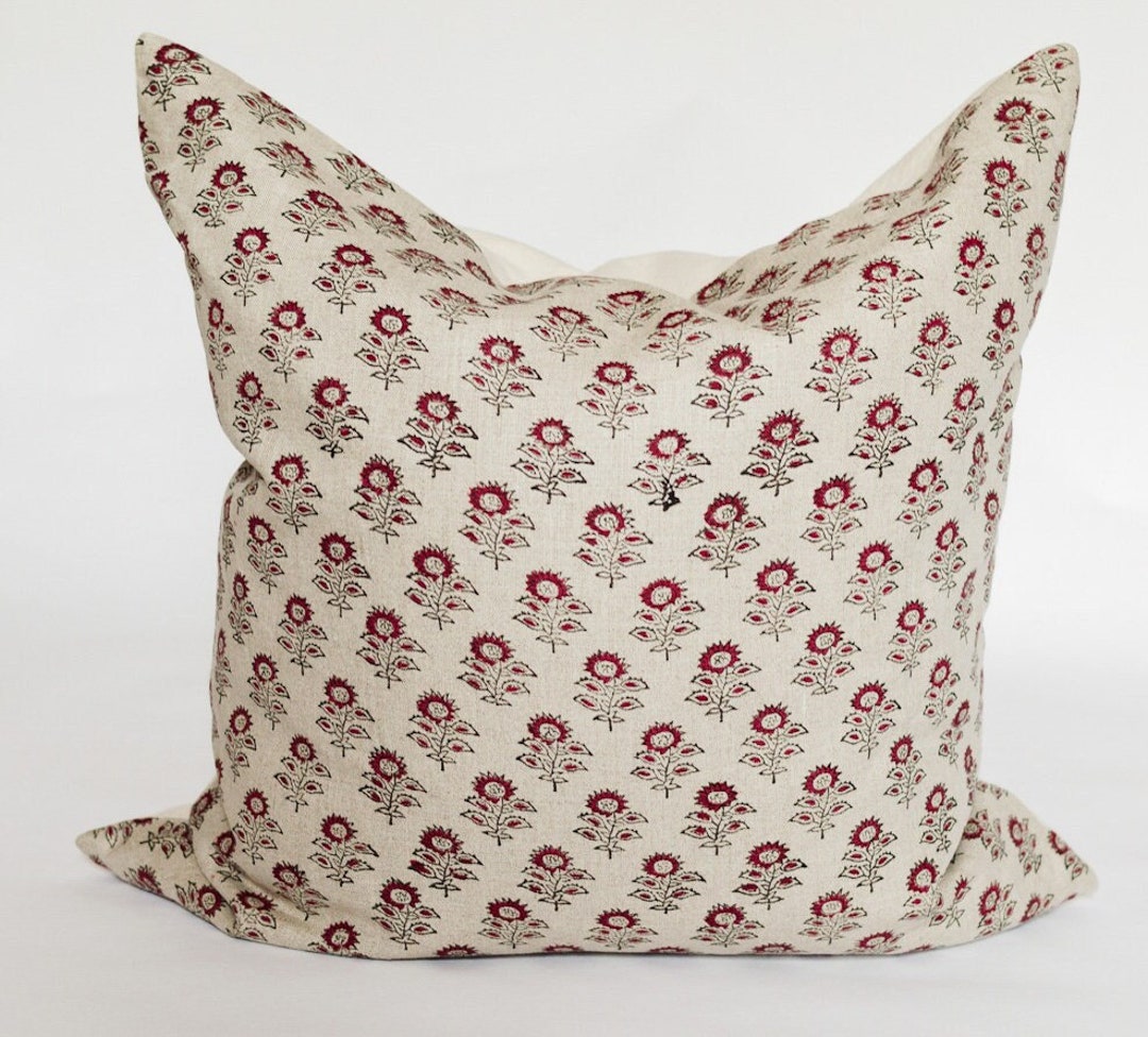 Floral Hand Block Print Linen Pillow Cover Beige | Vintage Red Rust ...