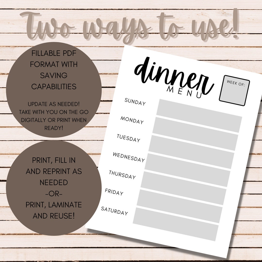 Printable Weekly Dinner Menu, Meal Plan, Menu Plan Printable, Editable ...