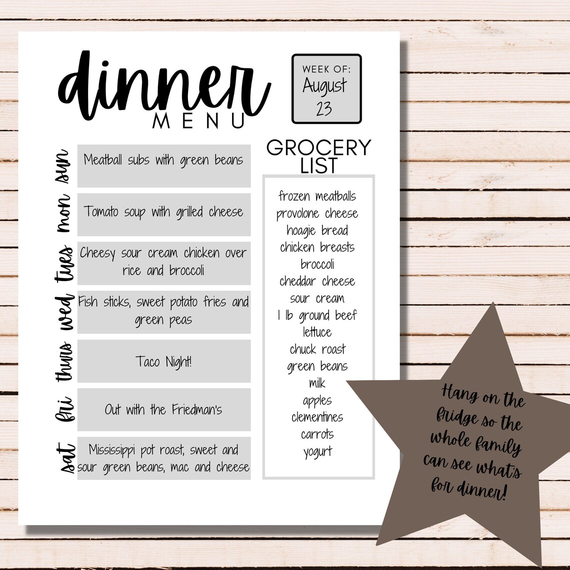 Printable Weekly Dinner Menu, Meal Plan, Menu Plan Printable, Editable ...