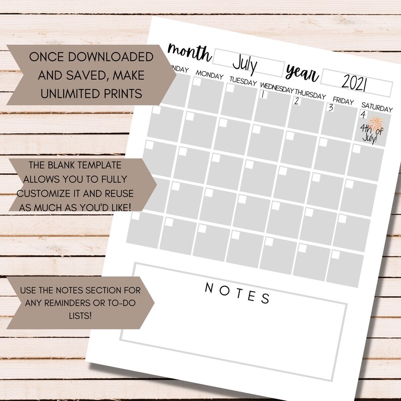 Printable Blank Calendar, Blank Calendar Template, Calendar PDF, Sunday ...