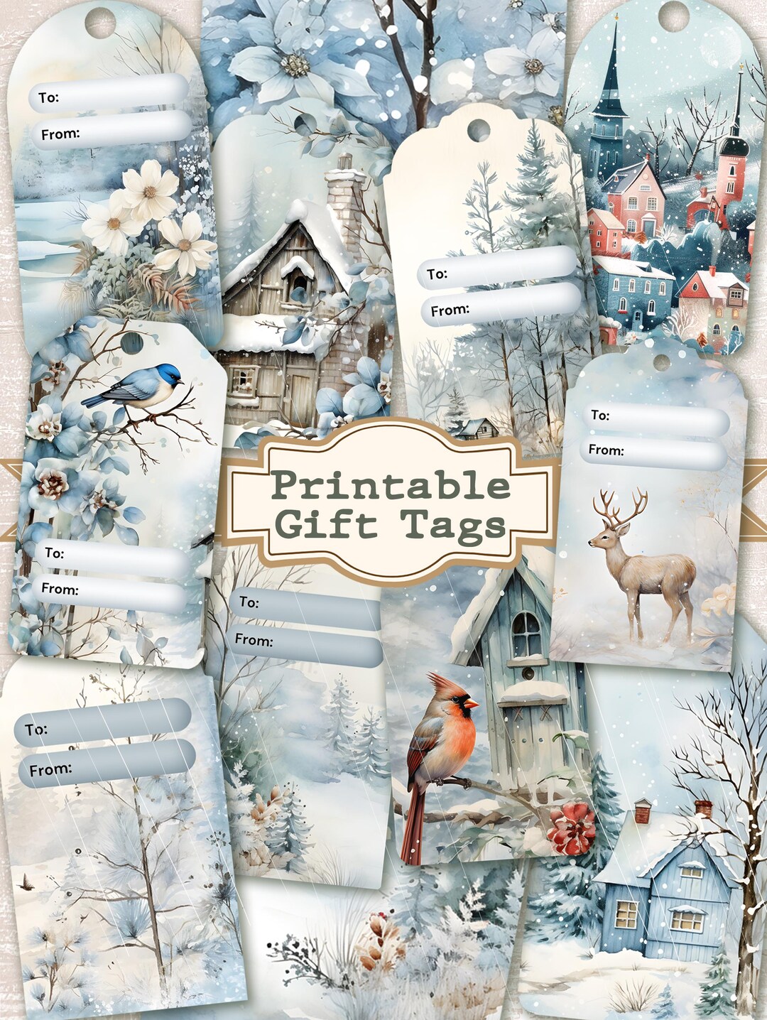 Vintage Blue Christmas Gift Tags Printable Winter Gifts Tag Ephemera ...