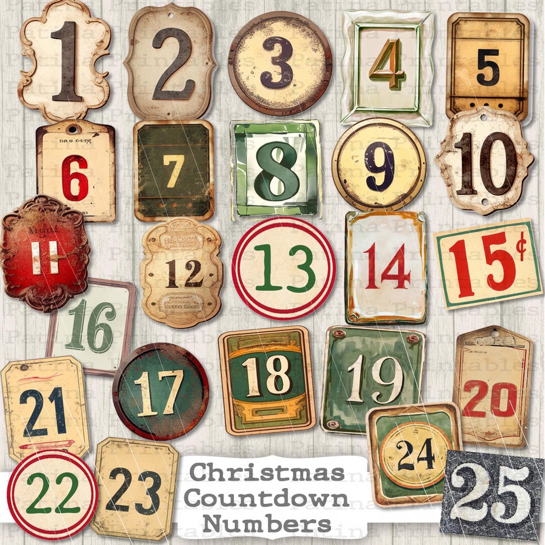 Christmas Countdown Vintage Numbers Printable 12 Days Gift Labels ...