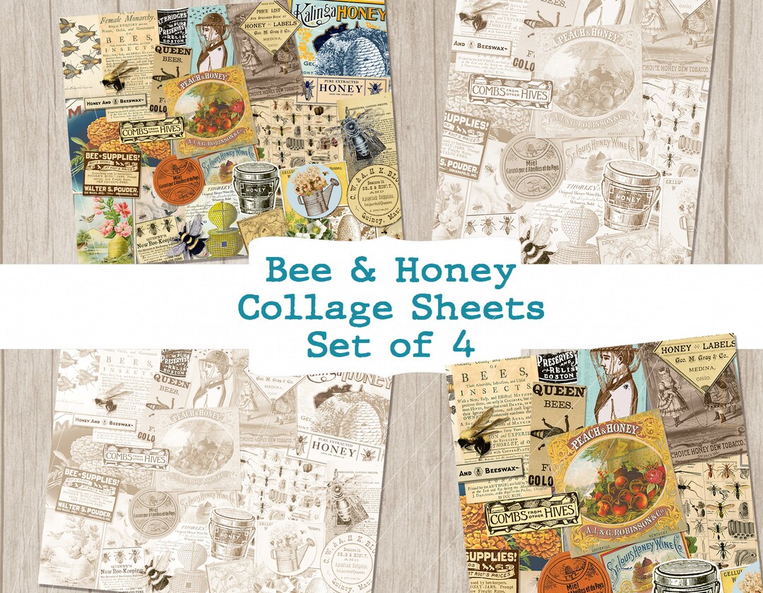Printable Collage Sheet Kit Honey Bee Neutral Ink Saver Pages Tear ...