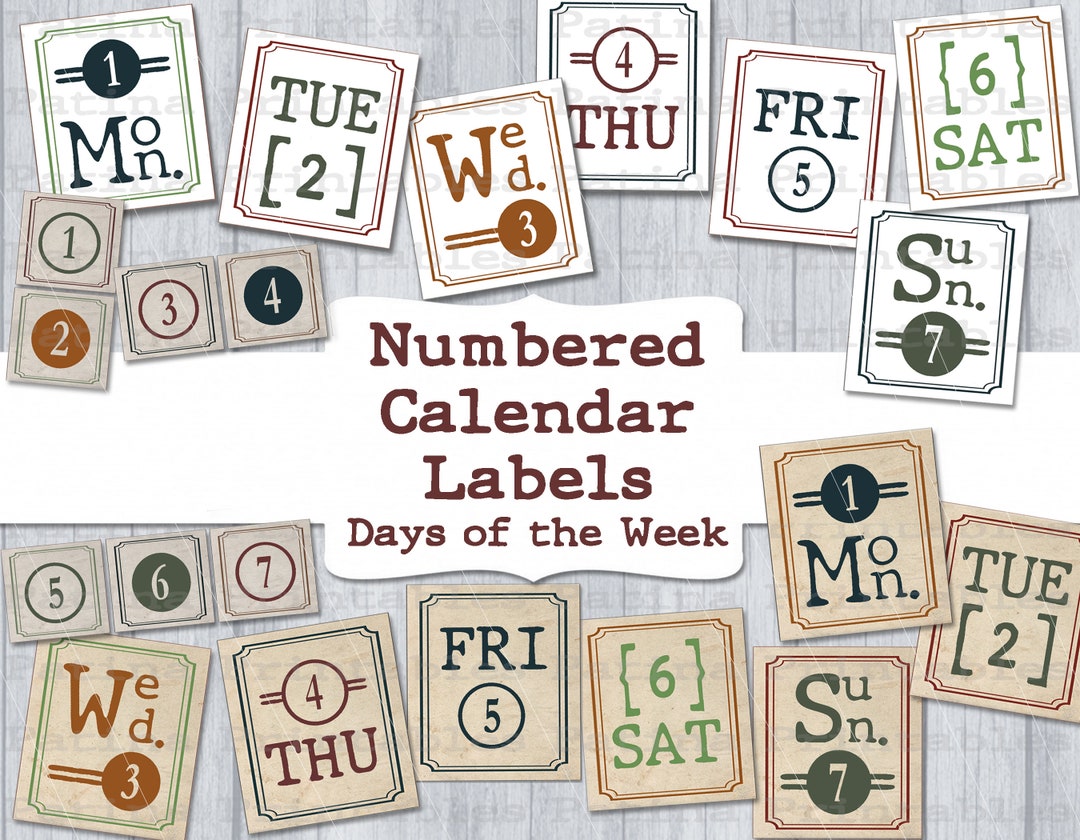 Calendar Labels, Days of the Week, Neutral Ephemera, Numbers, Label ...