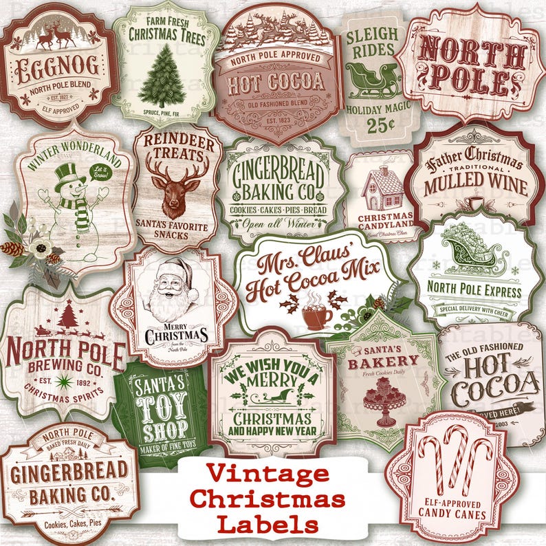 Vintage Christmas Gift Tags Digital Paper Labels Ephemera Download Junk ...