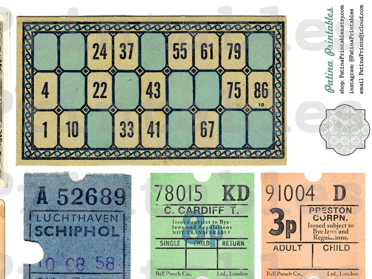 Colorful Vintage Tickets, Vintage, Ephemera, Pack, Printable, Invoices ...