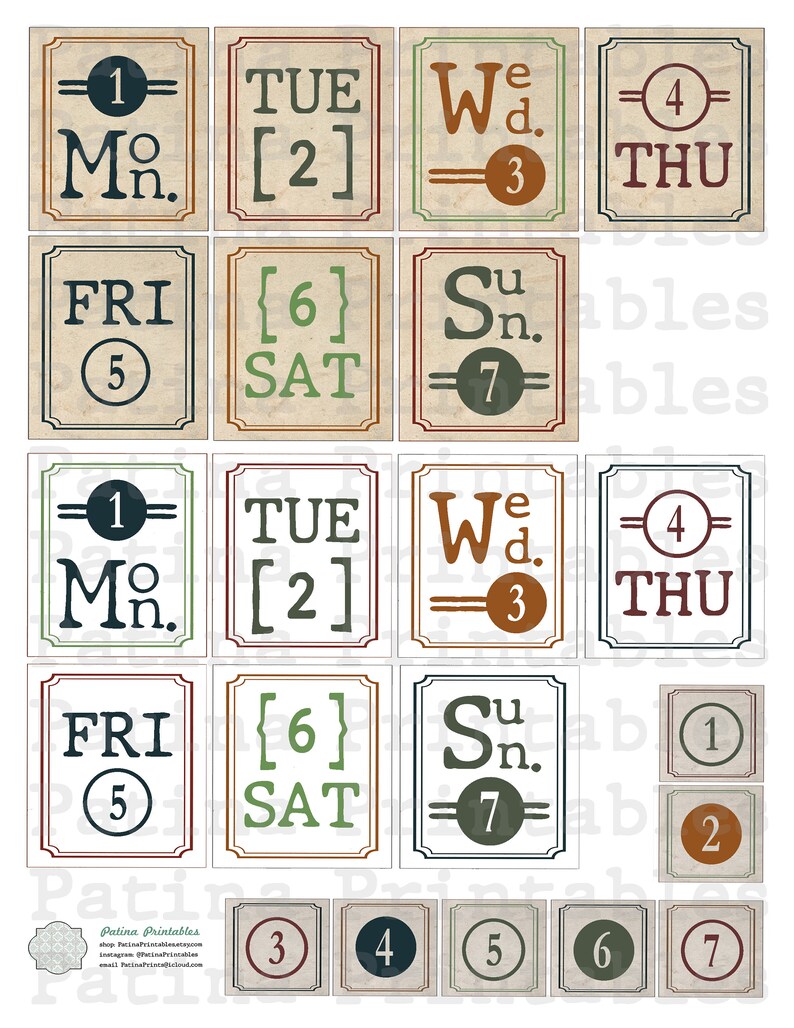 Calendar Labels, Days of the Week, Neutral Ephemera, Numbers, Label ...