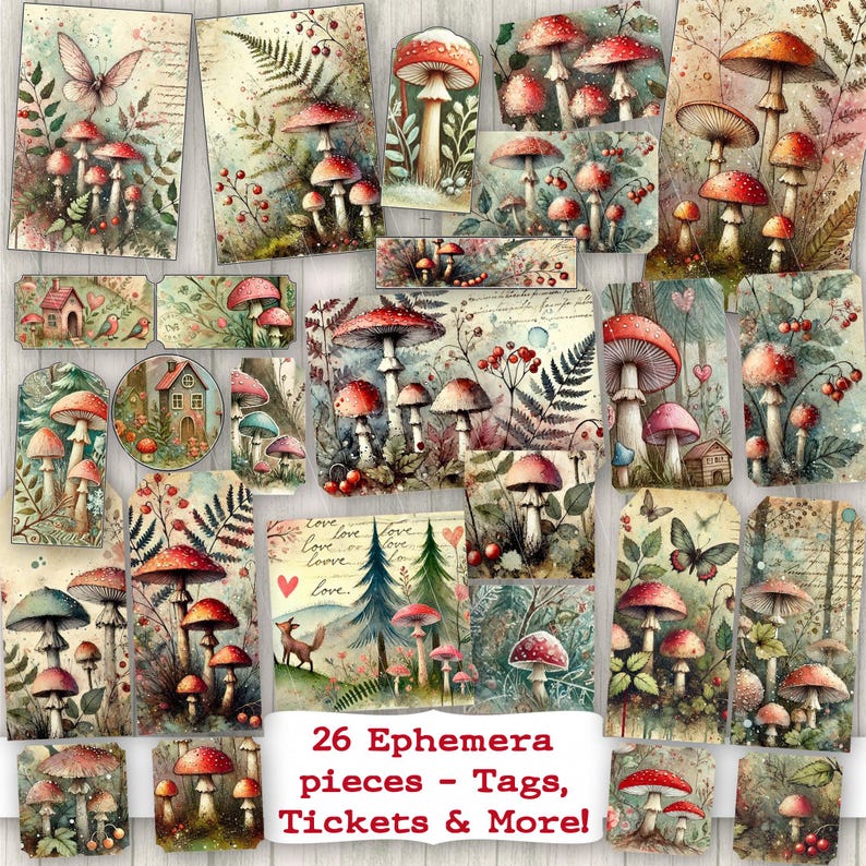 Mushrooms Printable Ephemera Kit Mushroom Digital Download Papers Junk ...