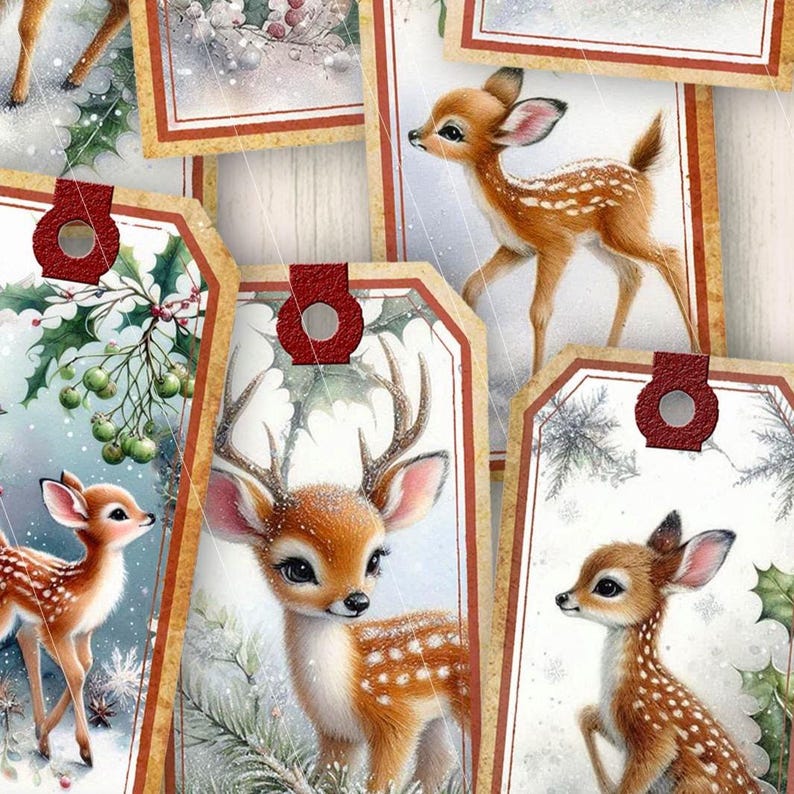 Retro Deer Gift Tags Printable Vintage Christmas Gifts Tag Digital ...