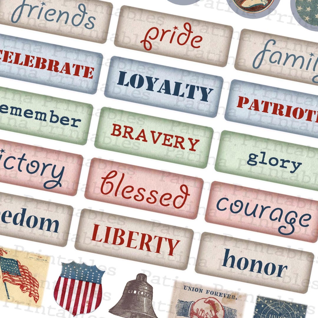 Printable Patriotic Words Phrases Labels Vintage Independence Day ...