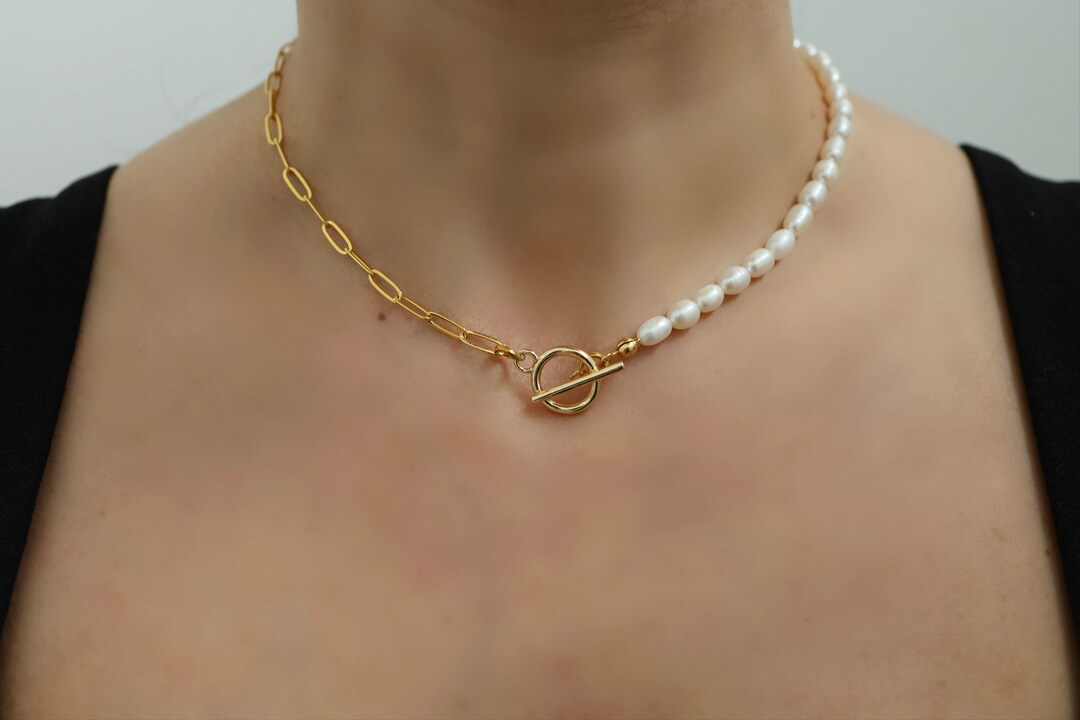 Half Paperclip Half Oval Pearl Necklace Freshwater Pearl - Etsy