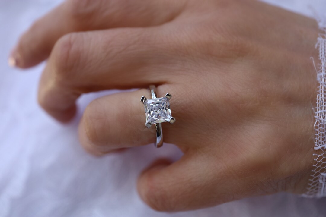 Princess Cut Engagement Ring, Silver Engagement Ring, Sterling Silver ...