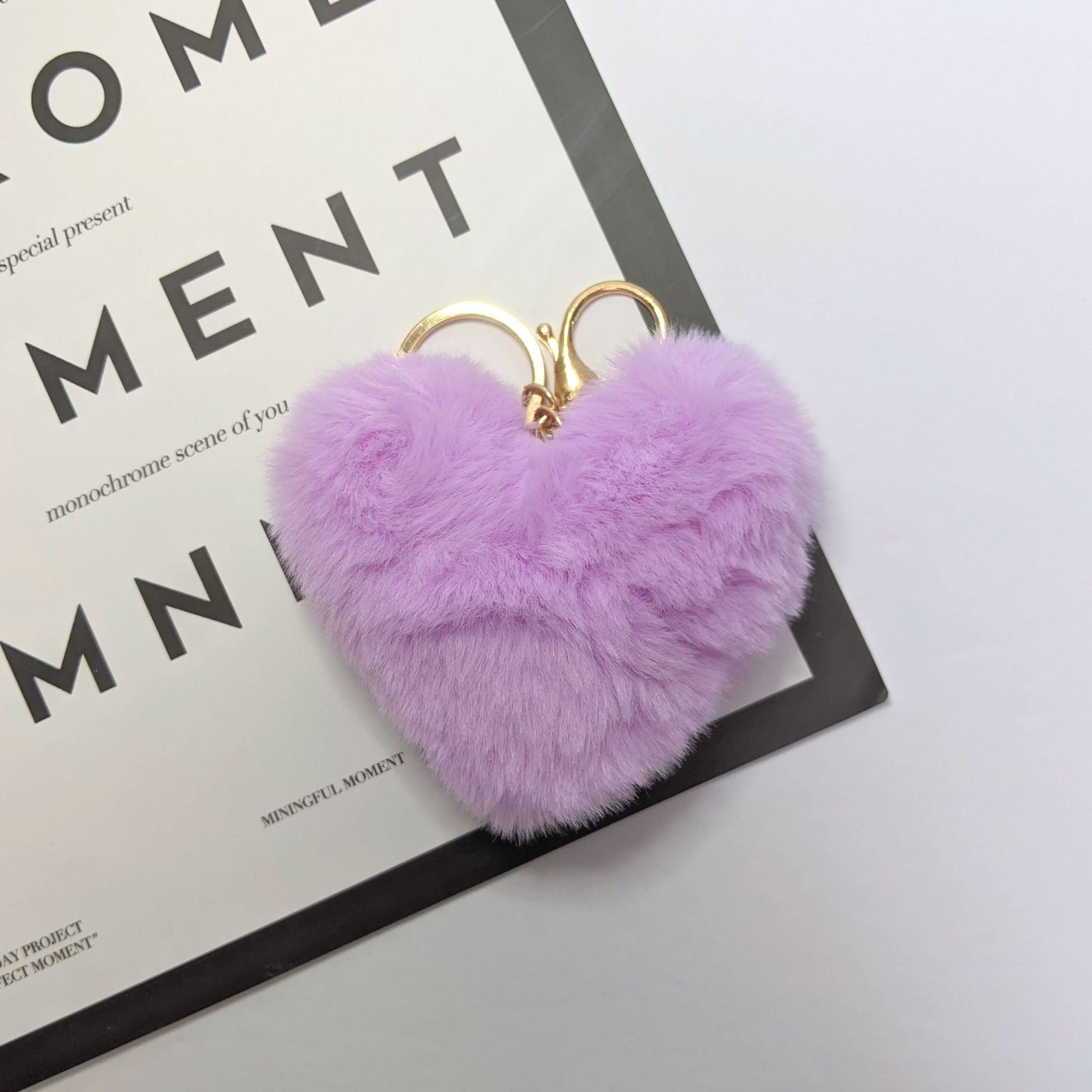 Fuzzy Pink Heart Bag Charm Faux Rabbit Fur Keychain Furry - Etsy