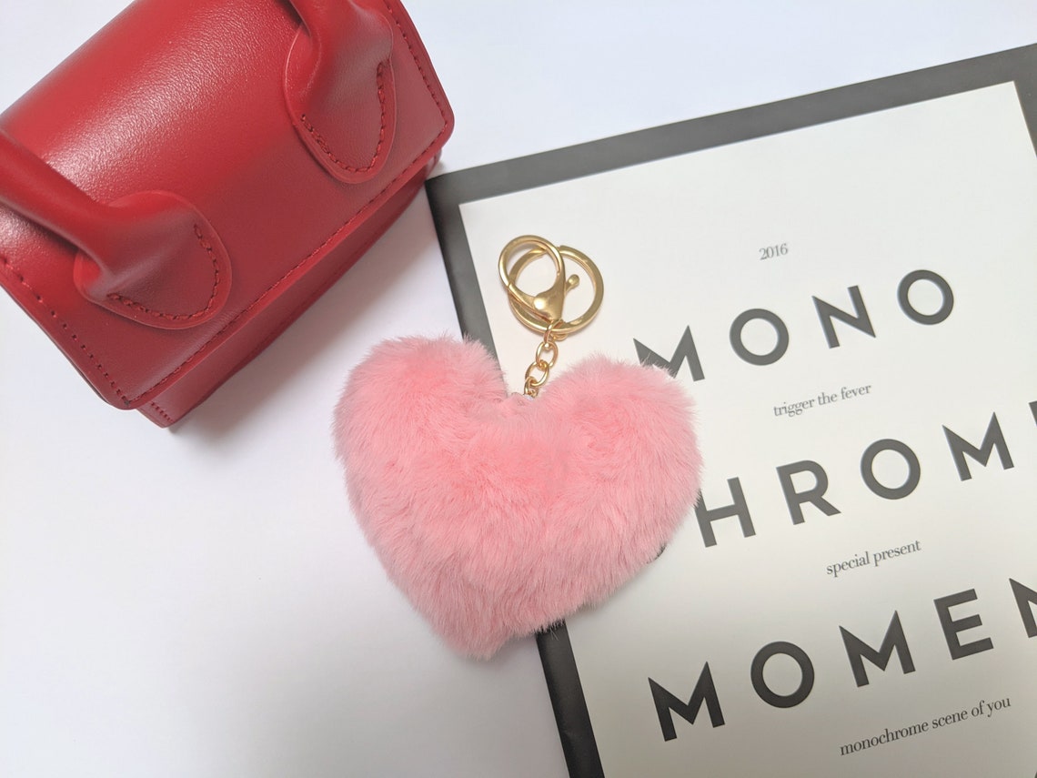 Fuzzy Pink Heart Bag Charm Faux Rabbit Fur Keychain Furry - Etsy