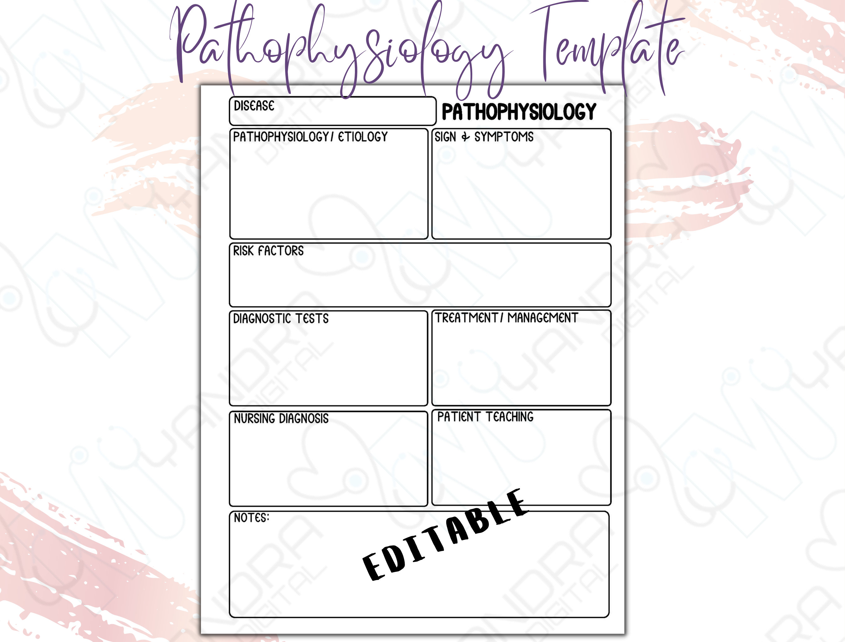 Pathophysiology Study Template, Disease Template, Disease Guide, RN ...